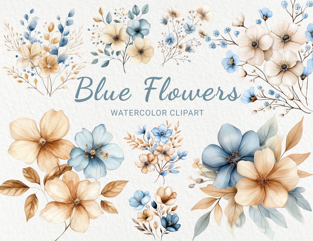 Blue Flowers Watercolor Clipart - 24 PNG Floral Nursery Images, Baby ...