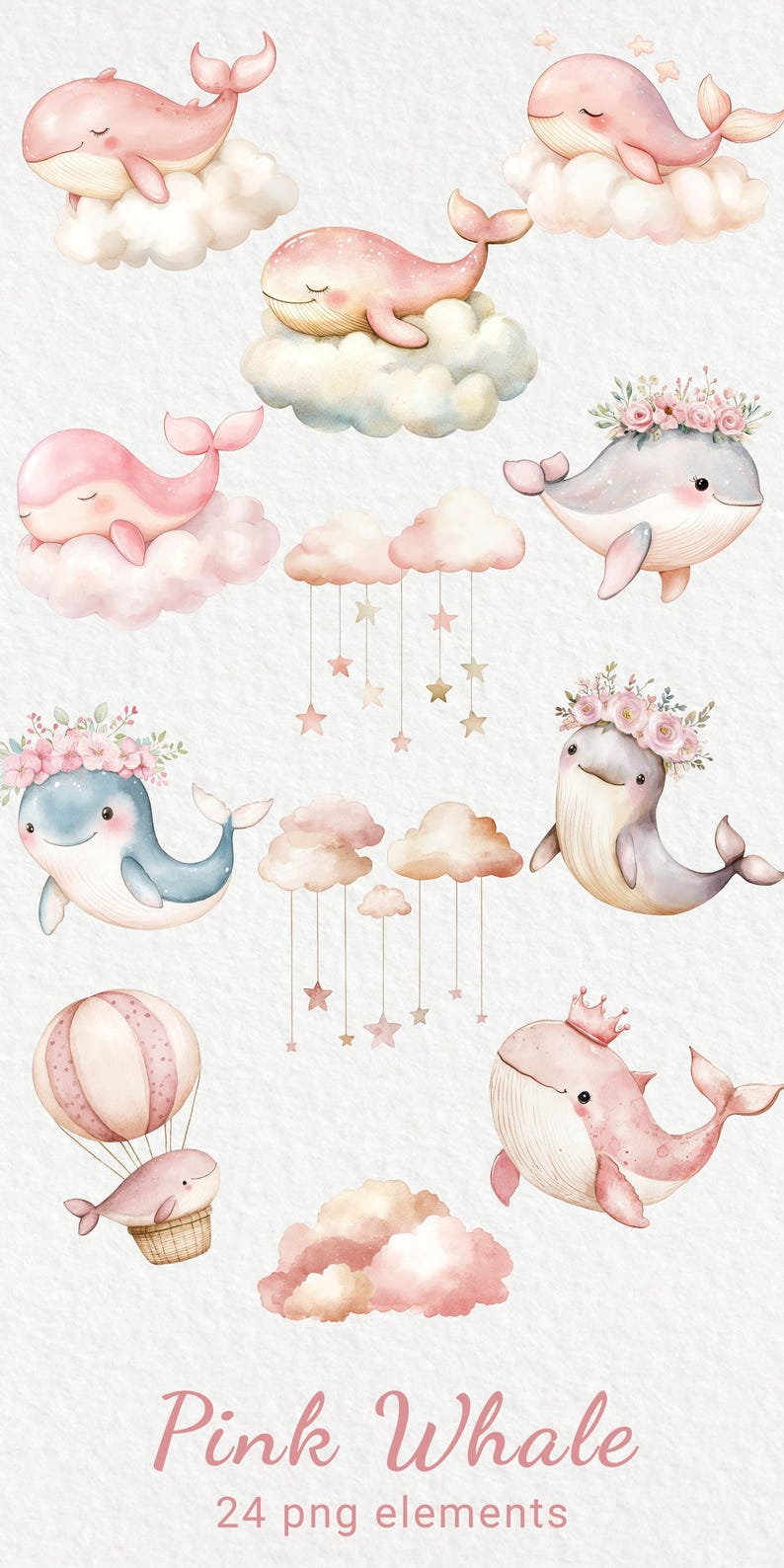 Pink Whale Nursery Watercolor Clipart - 24 PNG Cute Marine Decor Clip ...
