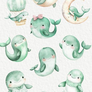 Green Whale Nursery Watercolor Clipart - 24 PNG Cute Marine Decor Clip ...