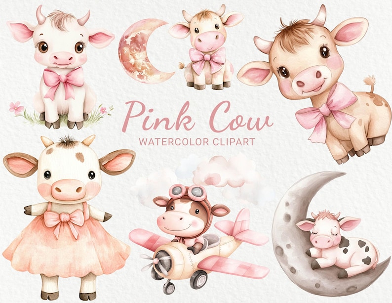 Pink Cow Nursery Watercolor Clipart - 24 PNG Cute Baby Cow, Animals ...