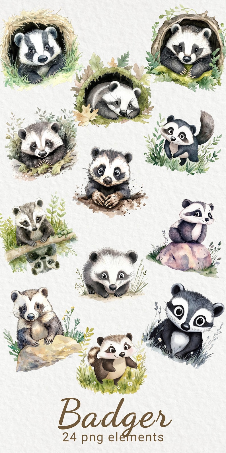 Badger Clipart - 24 PNG Watercolor Baby Badger Clip Art, Woodland ...