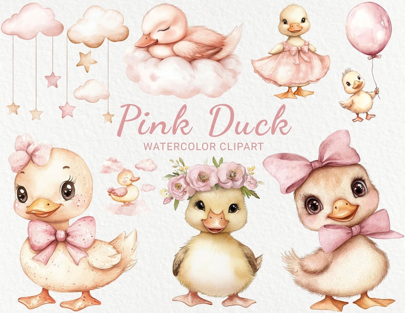 Pink Duck Nursery Watercolor Clipart - 24 PNG Cute Duck, Birds Decor ...