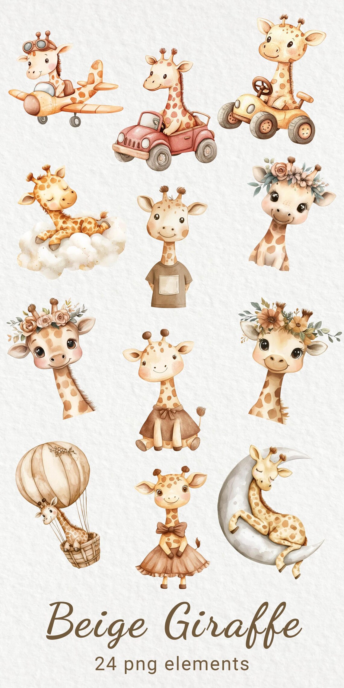 Giraffe Nursery Watercolor Clipart - 24 PNG Cute Fairy Safari Animals ...