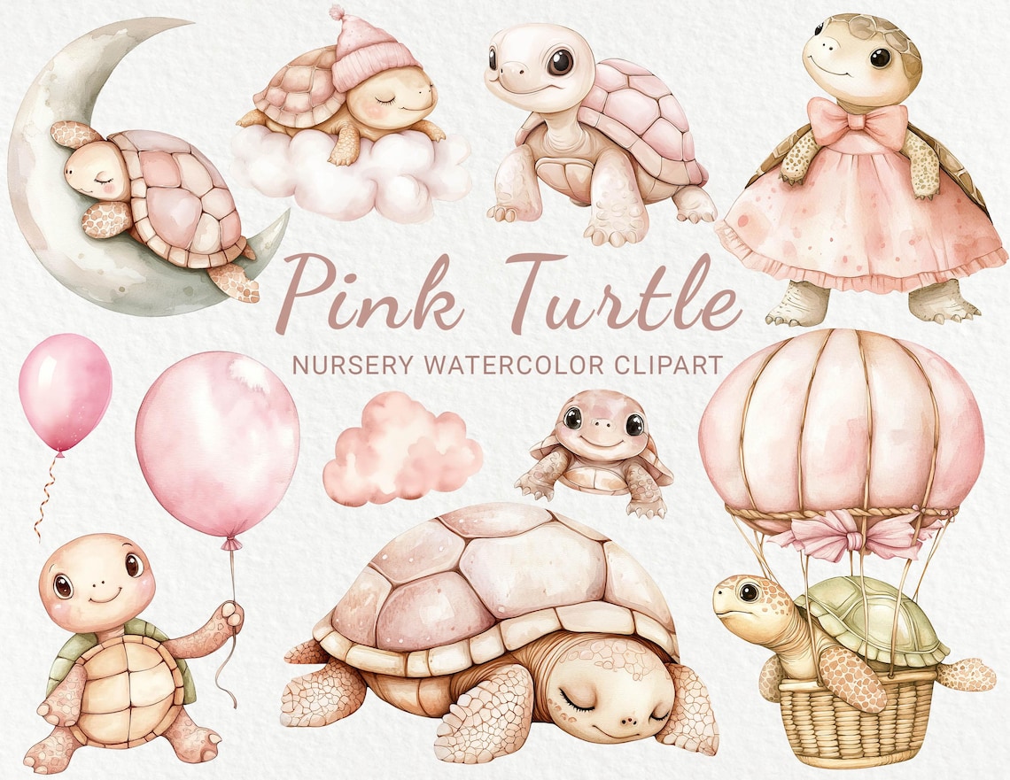 Pink Turtle Nursery Watercolor Clipart - 24 PNG Cute Turtle, Animals ...