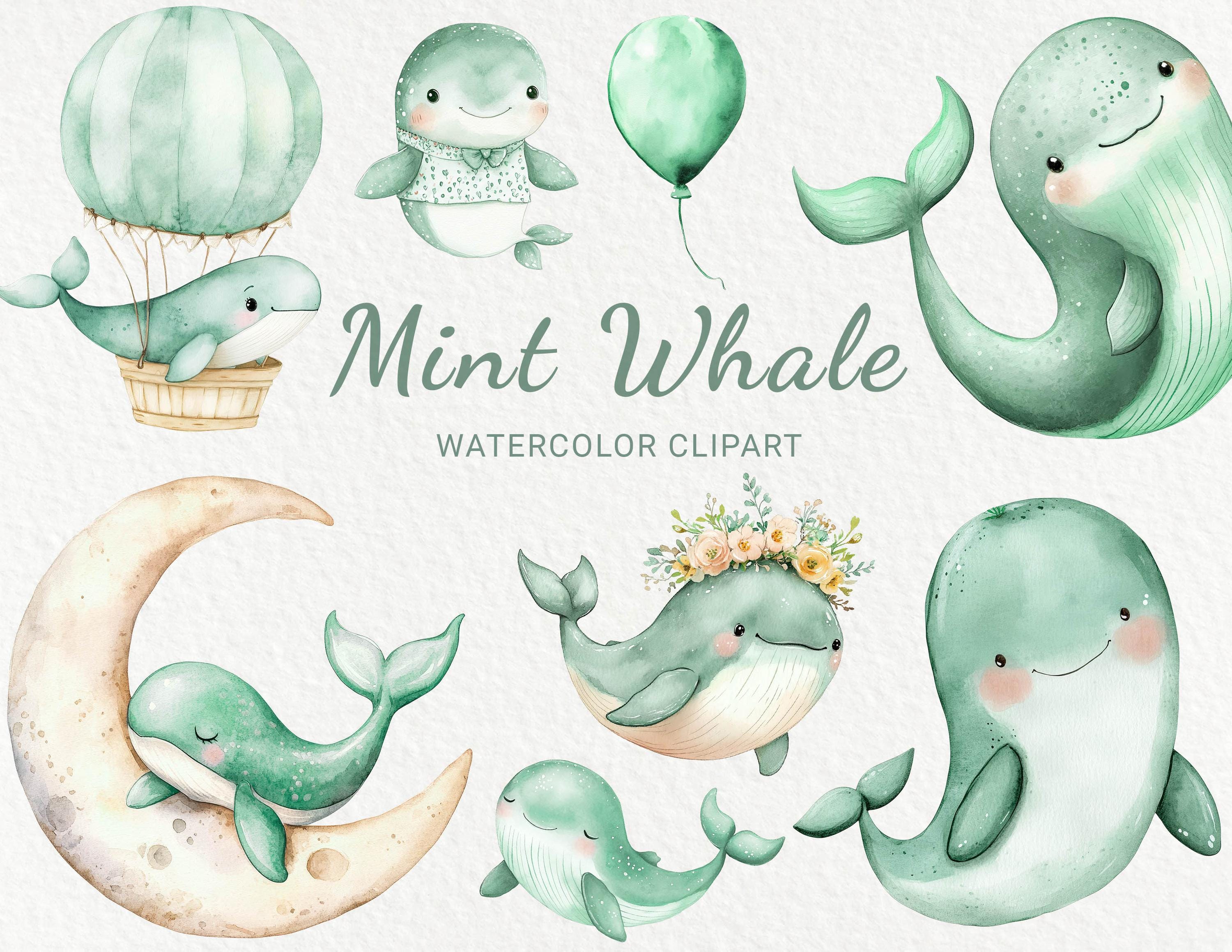 Green Whale Nursery Watercolor Clipart - 24 PNG Cute Marine Decor Clip ...