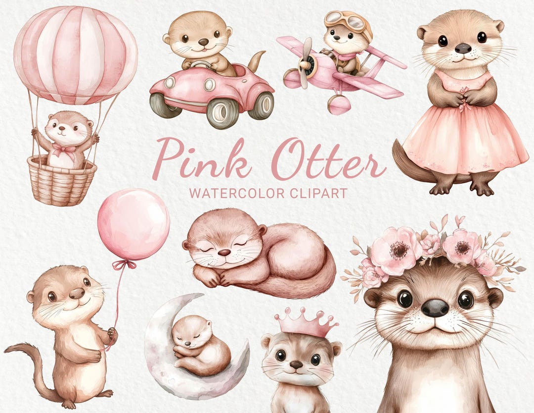 Pink Otter Nursery Watercolor Clipart - 24 PNG Cute Otter, Woodland ...