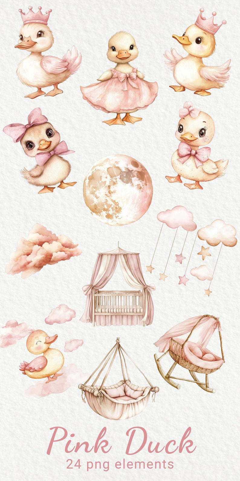Pink Duck Nursery Watercolor Clipart - 24 PNG Cute Duck, Birds Decor ...