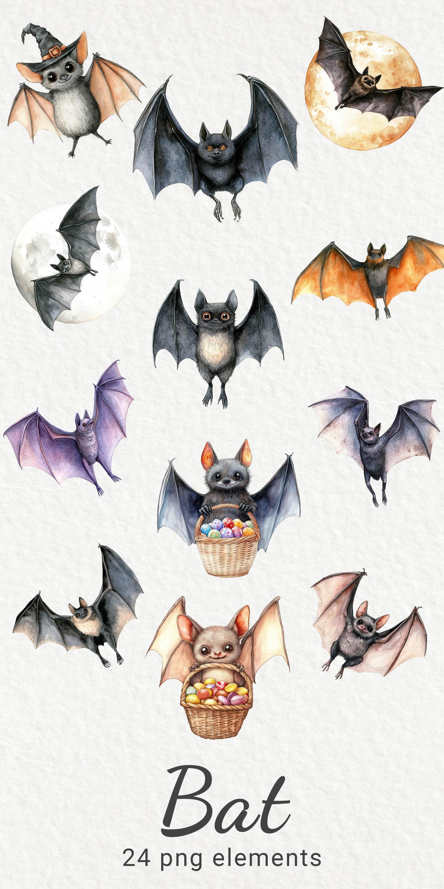 Bat Watercolor Clipart - 24 PNG Cute and Mystery Bats, Dark Forest ...