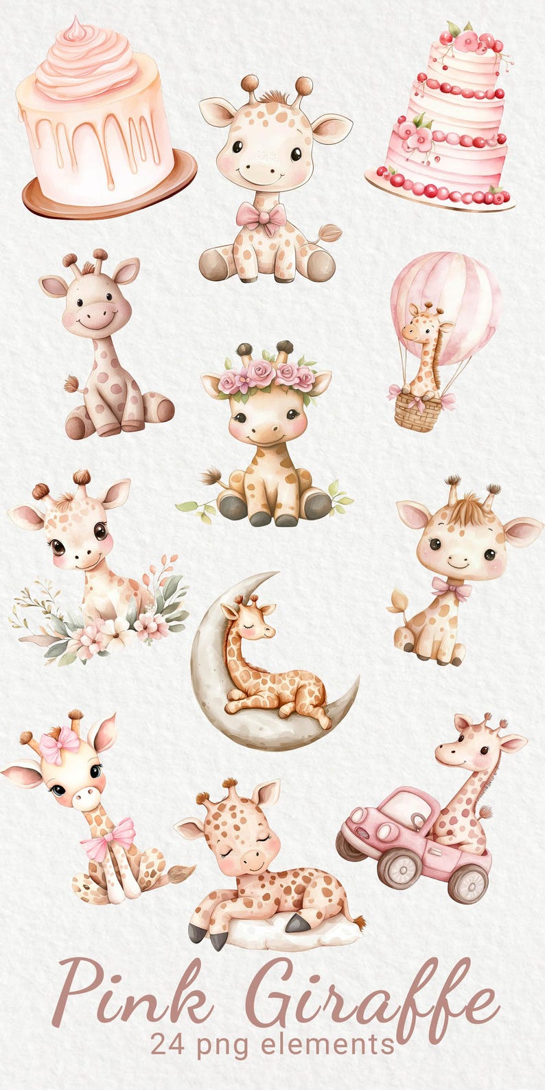 Pink Giraffe Nursery Watercolor Clipart 24 PNG Cute Fairy Safari ...