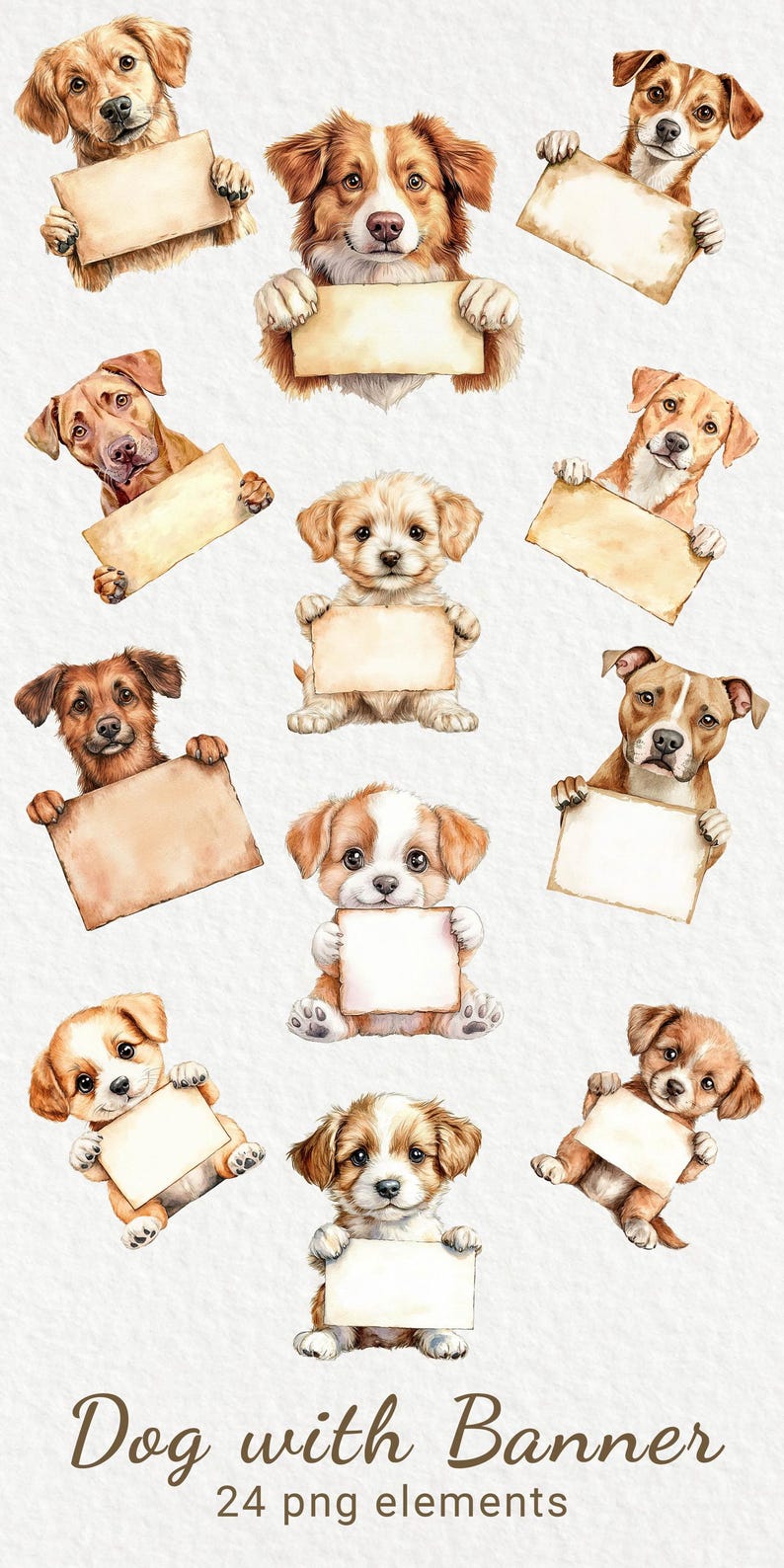 Dog With a Blank Sign Clipart - 24 PNG Watercolor Dog Clipart, Write ...