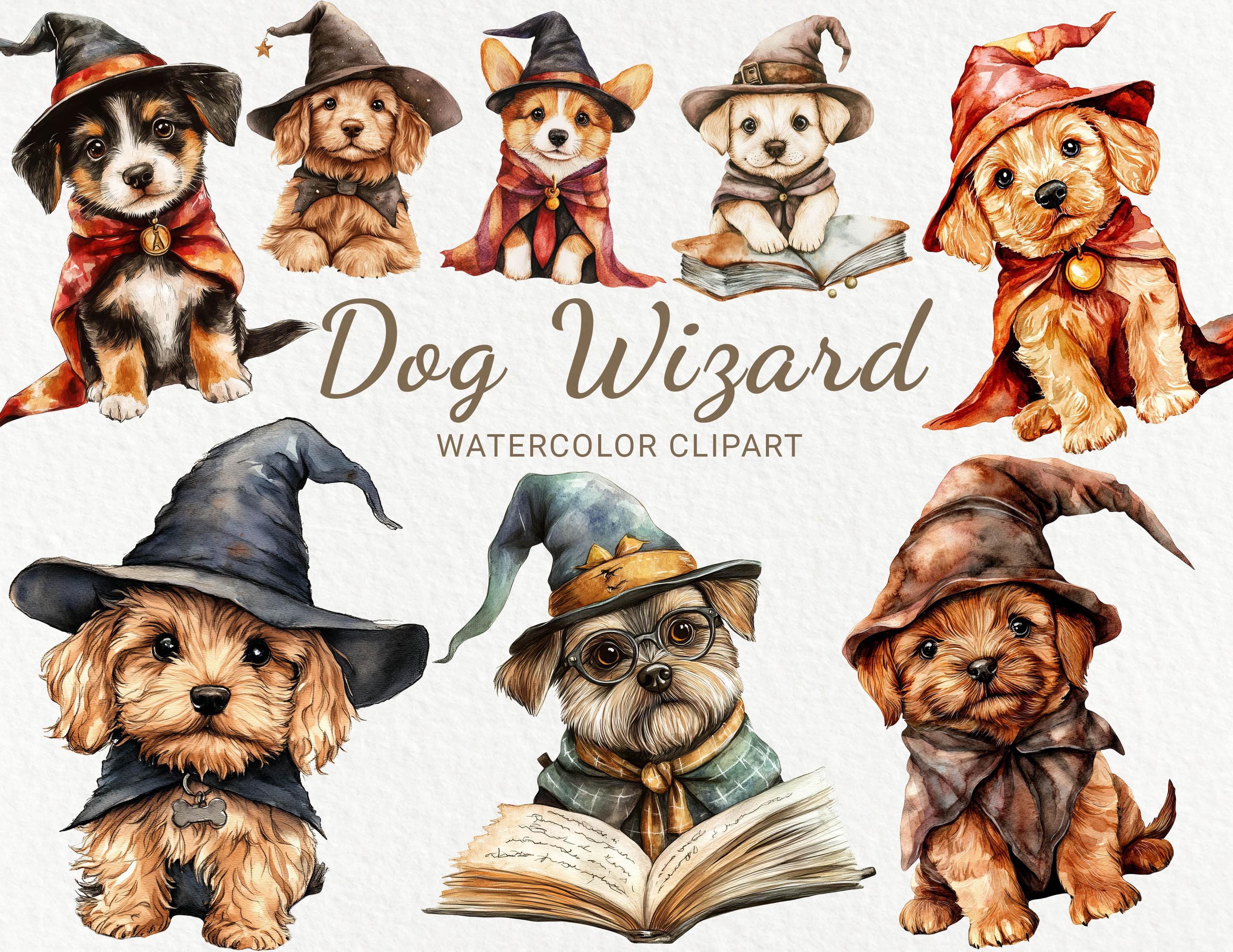 Wizard Dog Watercolor Clipart - 24 PNG Cute Dog Mage, Nursery Decor ...