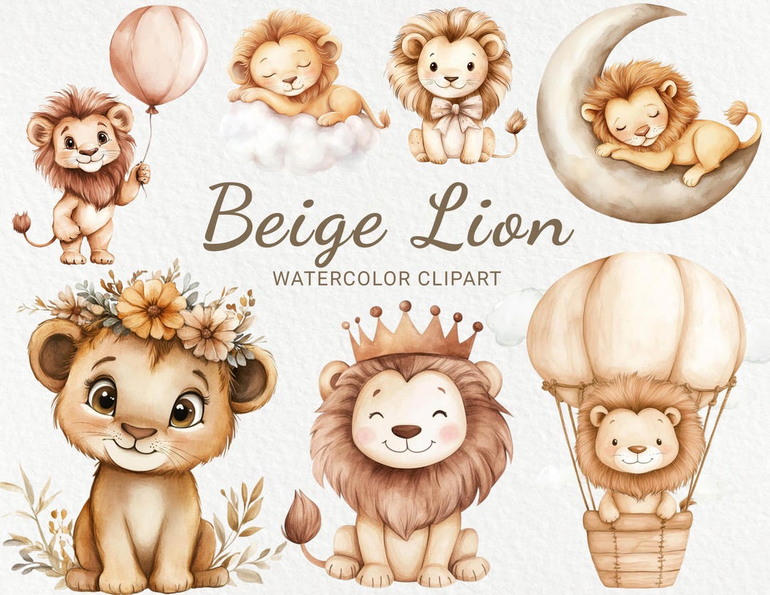 Lion Nursery Watercolor Clipart - 24 PNG Safari Animals Decor in Beige ...