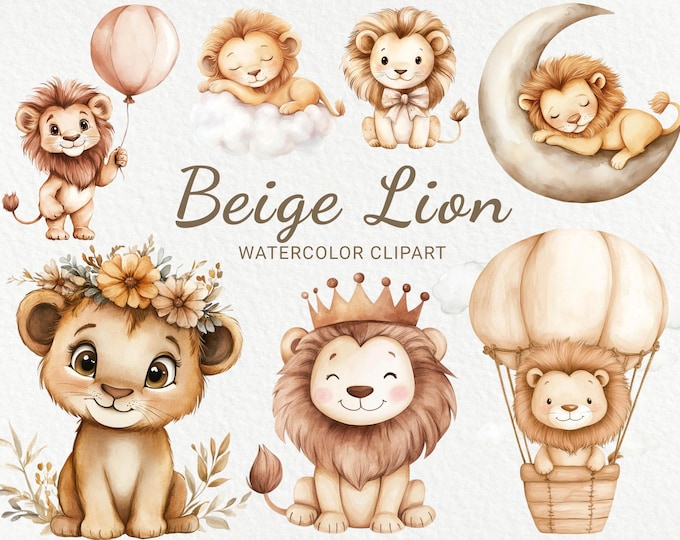 Lion Nursery Watercolor Clipart - 24 PNG Safari Animals Decor in Beige ...