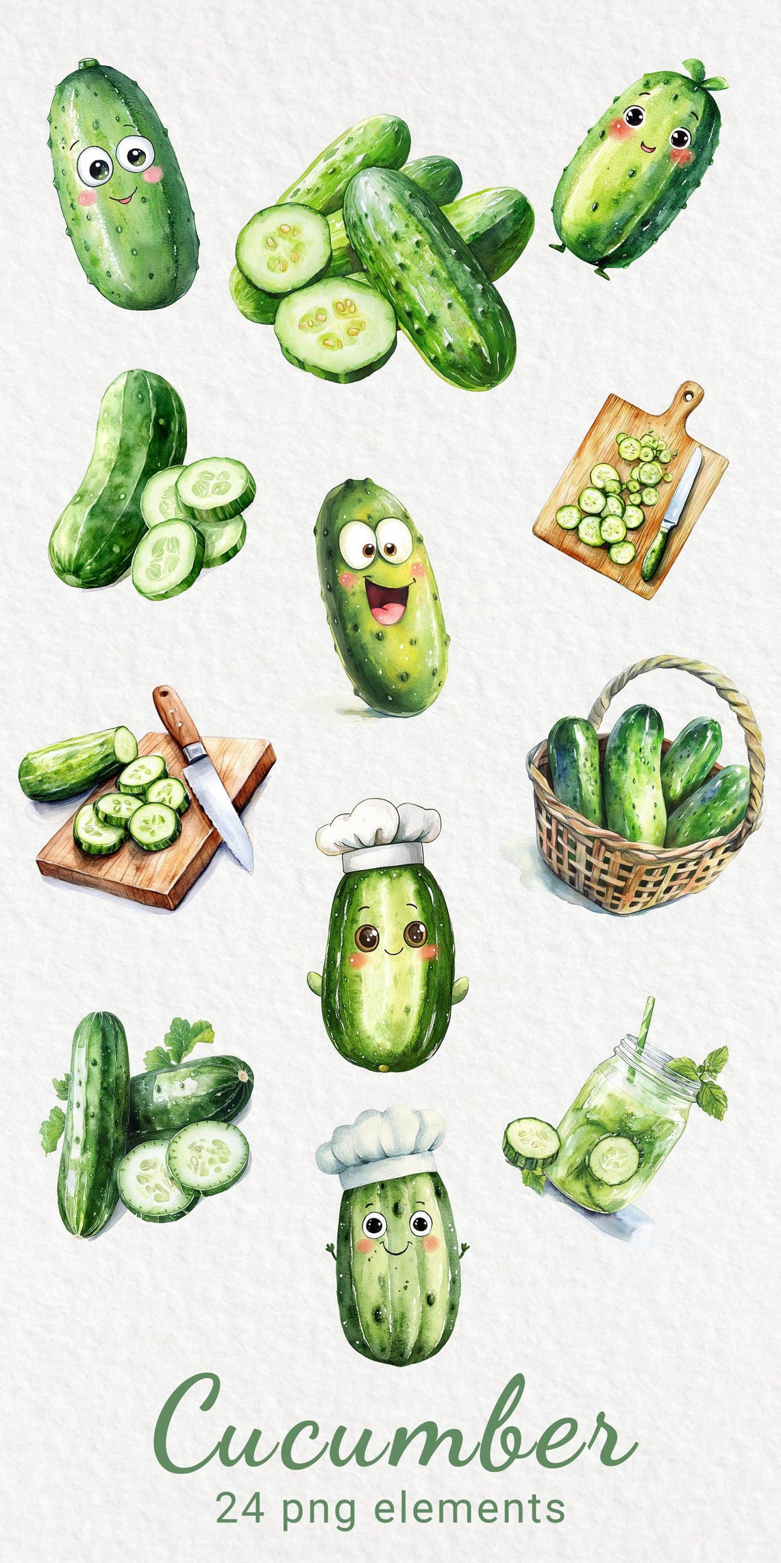 Cucumber Watercolor Clipart - 24 PNG Funny Cucumber Illustration, Cool ...