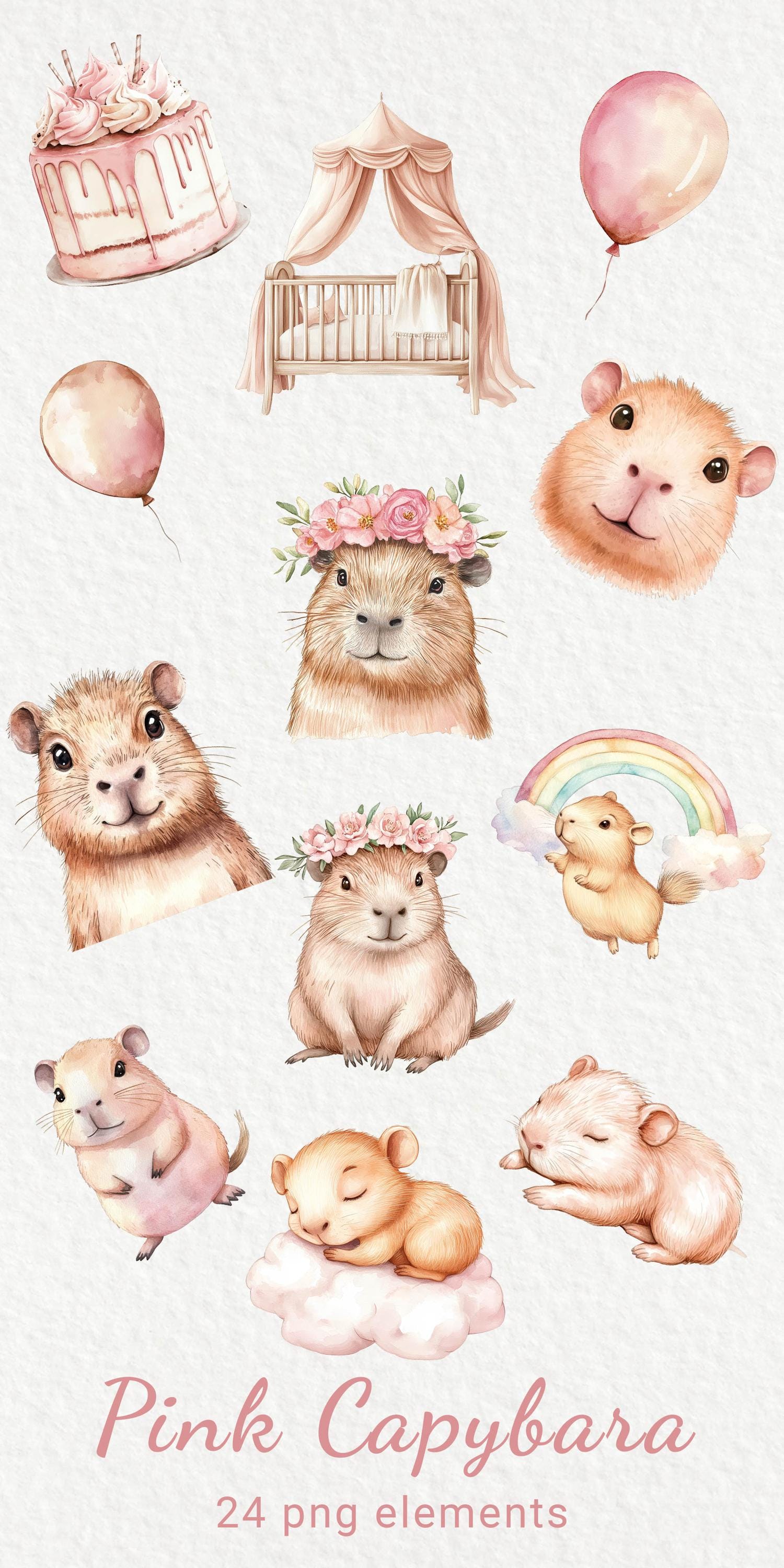 Pink Capybara Nursery Watercolor Clipart - 24 PNG Cute Capybara ...