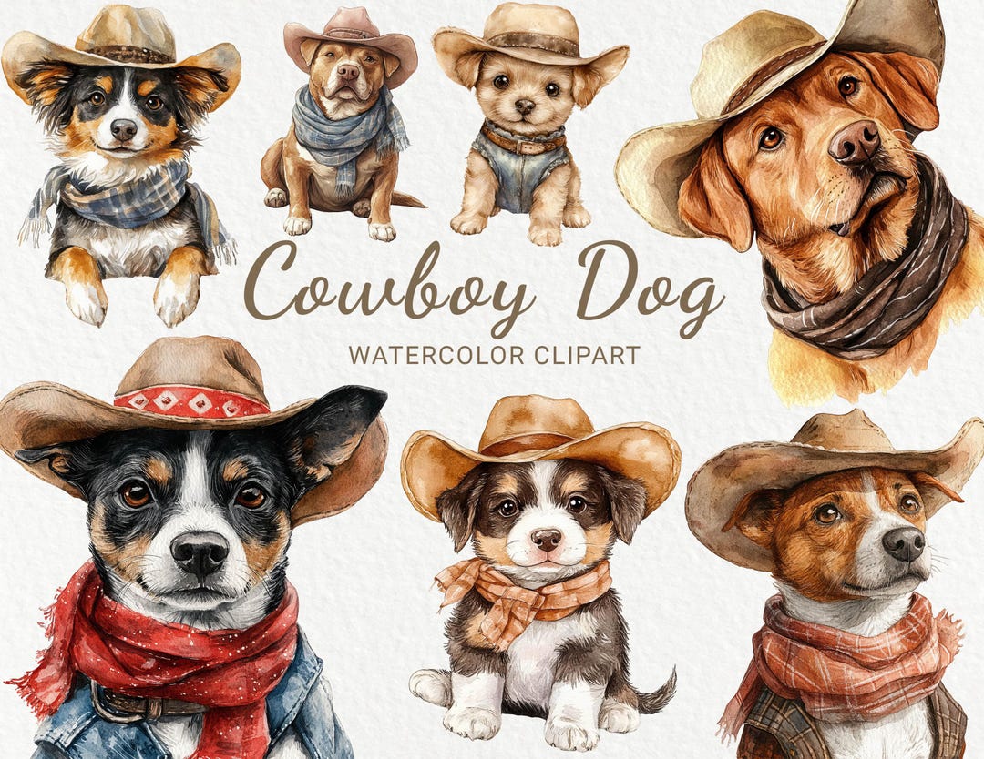 Watercolor Cowboy Dog Clipart: 24 PNG Puppy Illustrations (digital ...