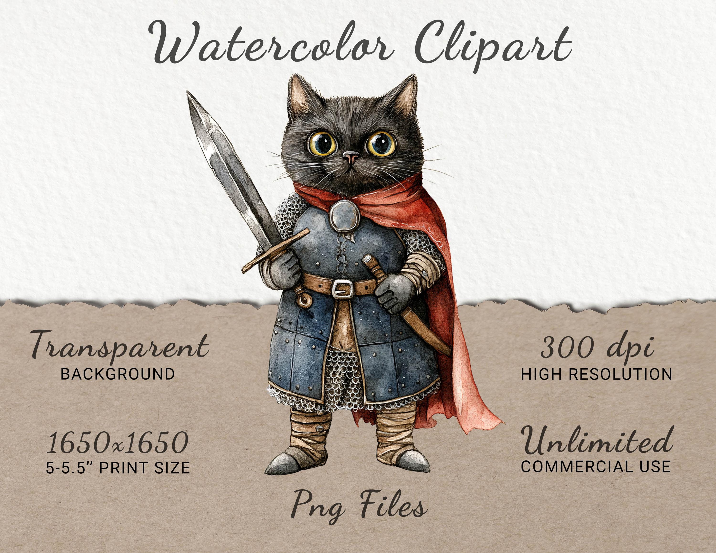 Cat Knight Clipart 24 PNG Watercolor Cats in Vintage Armor, Cute Cats ...