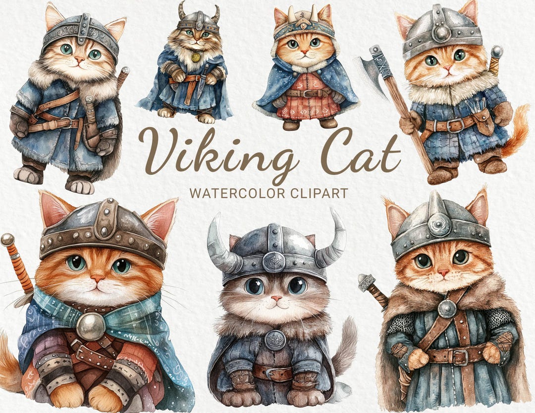 Viking Cat Clipart - 24 PNG Watercolor Kitten in Scandinavian Armor ...