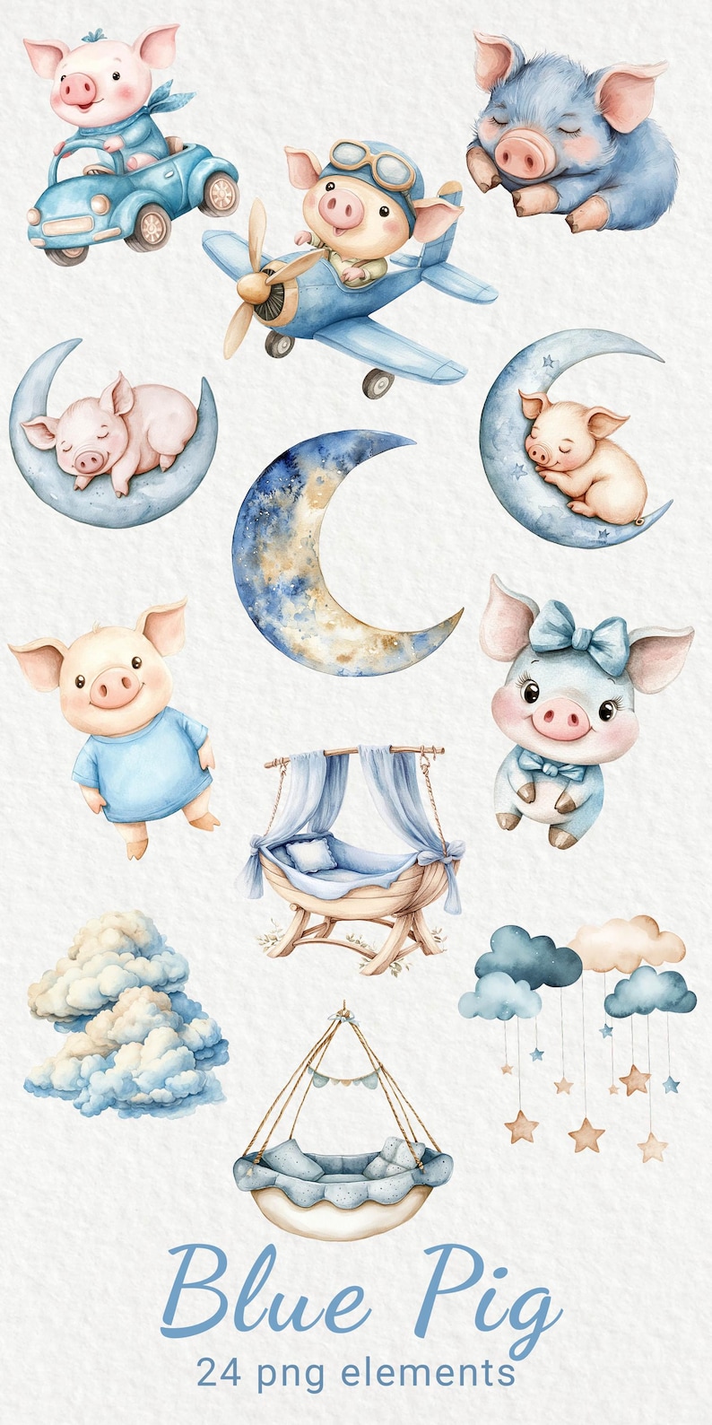 Blue Pig Watercolor Clipart 24 PNG Cute Hog, Animals Decor, Nursery ...