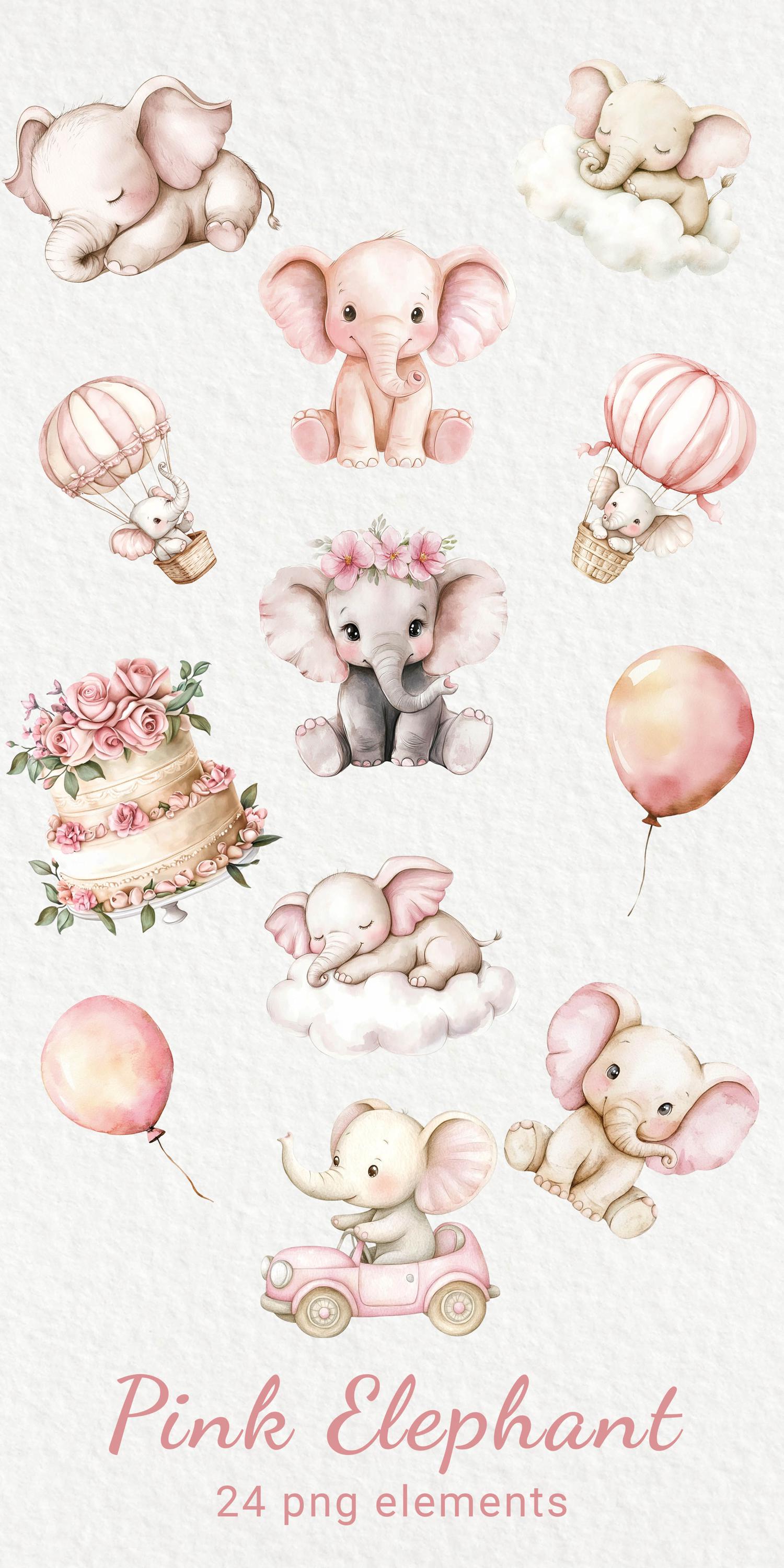 Pink Elephant Nursery Watercolor Clipart - 24 PNG Safari Animals Kids ...