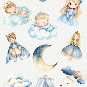 Blue Princess & Prince Watercolor Clipart - 24 PNG Little Queen Room ...