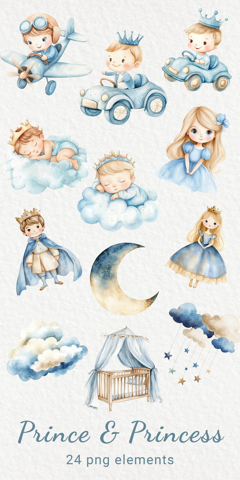 Blue Princess & Prince Watercolor Clipart - 24 PNG Little Queen Room ...