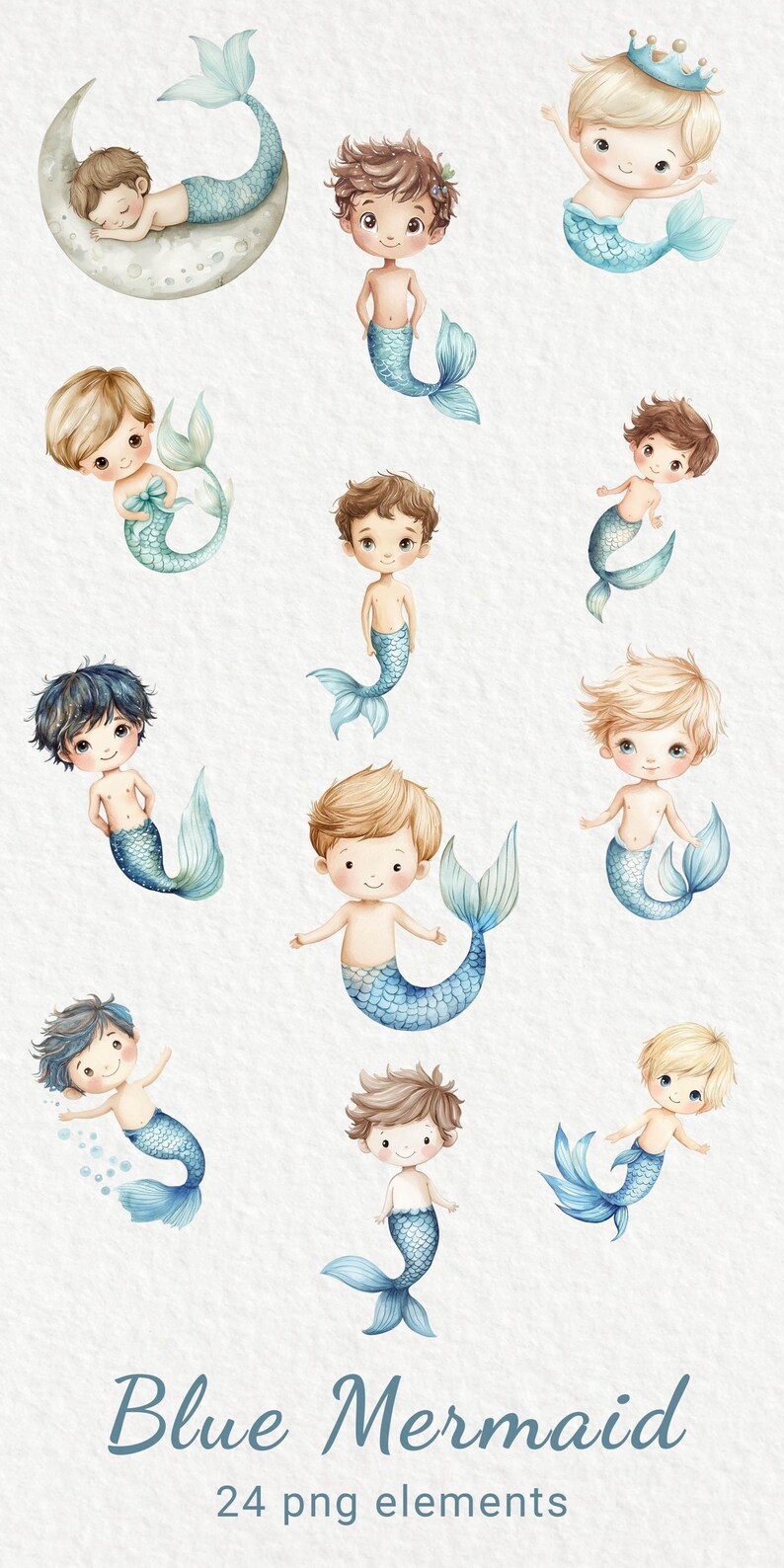 Blue Mermaid Clipart - 24 PNG Watercolor Boy Mermaid Clip Art, Funny ...