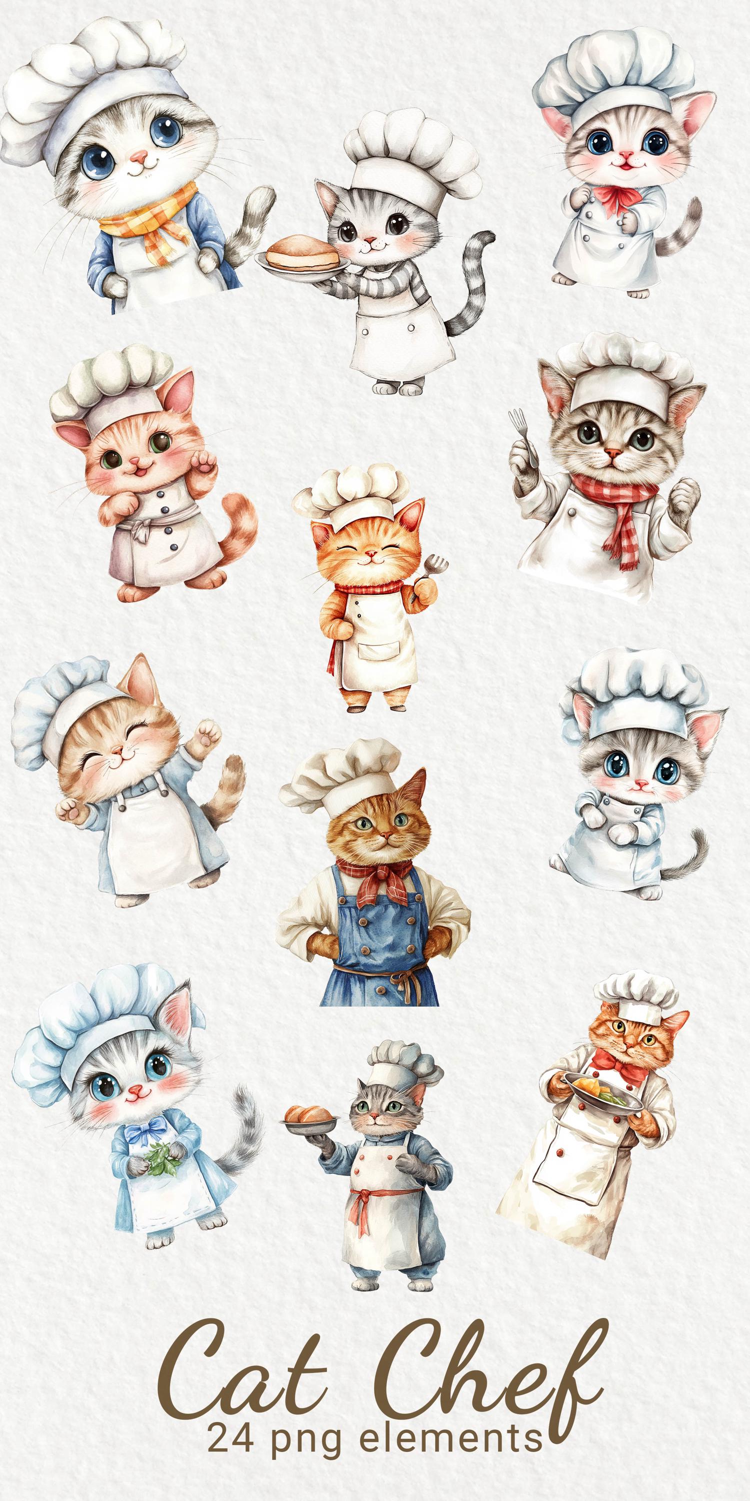 Cat Chef Watercolor Clipart – 24 PNG Cooking Kitty Illustrations ...