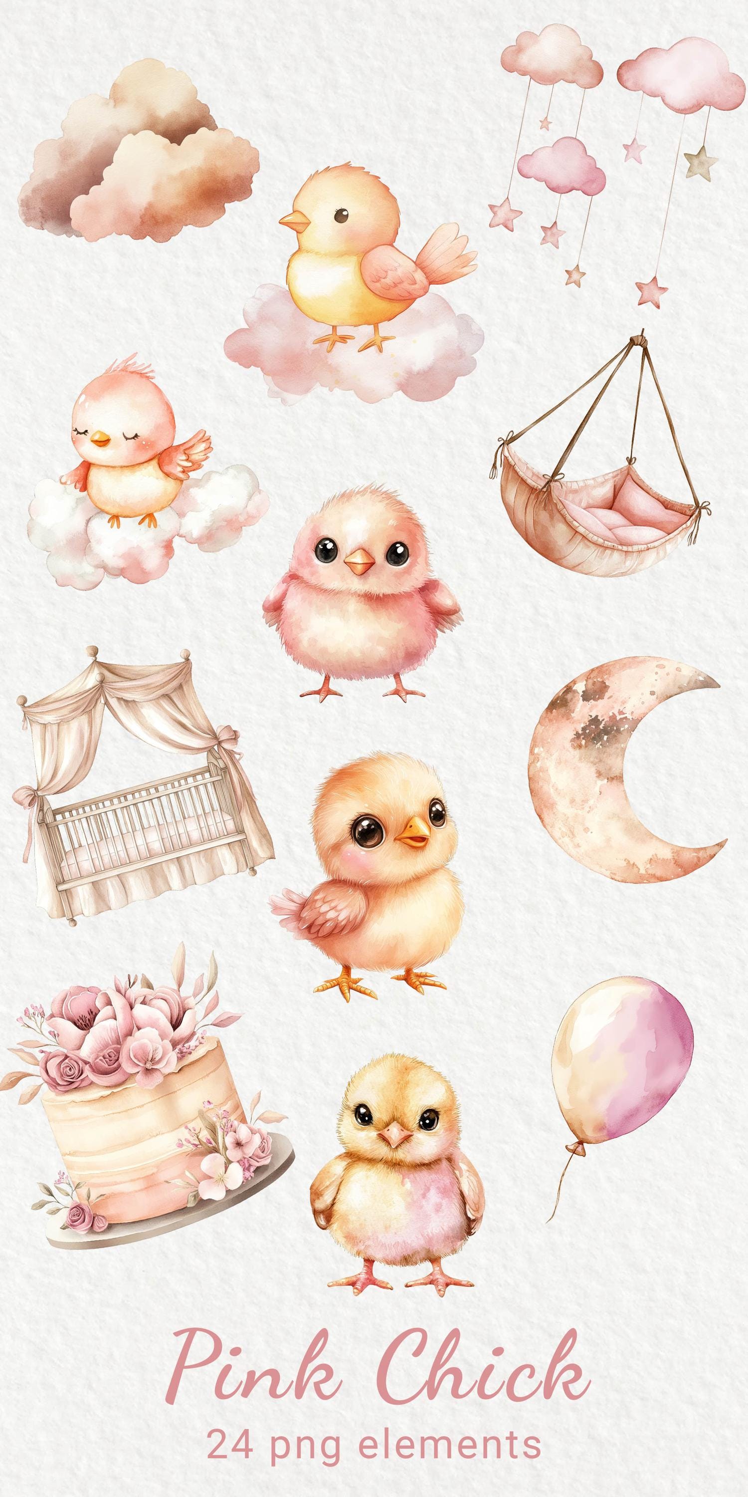 Pink Chick Watercolor Clipart - 24 PNG Cute Rose Birds Decor, Baby ...