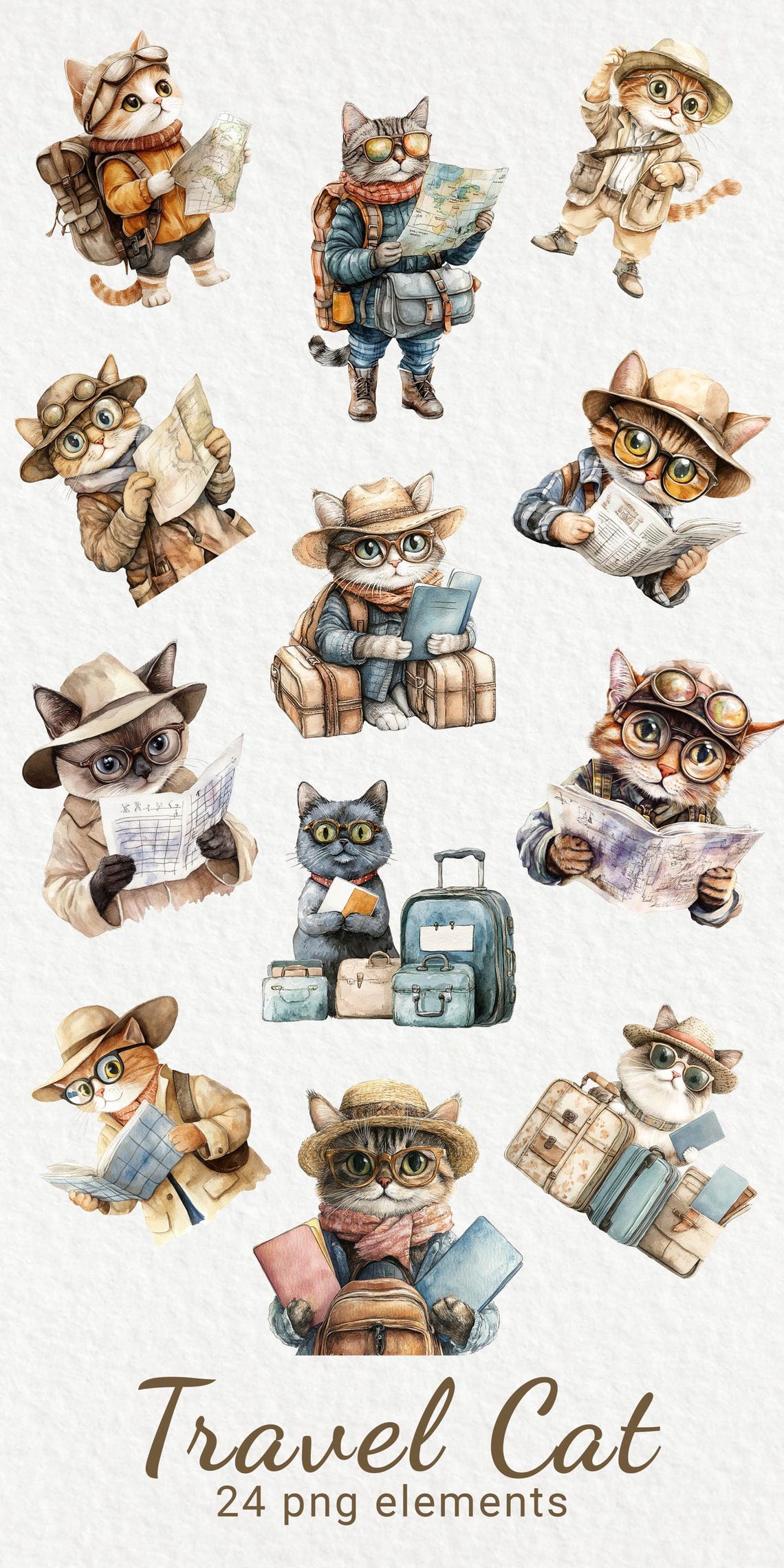 Cat Traveler Clipart - 24 PNG Watercolor Cat Clipart, Travel Images ...