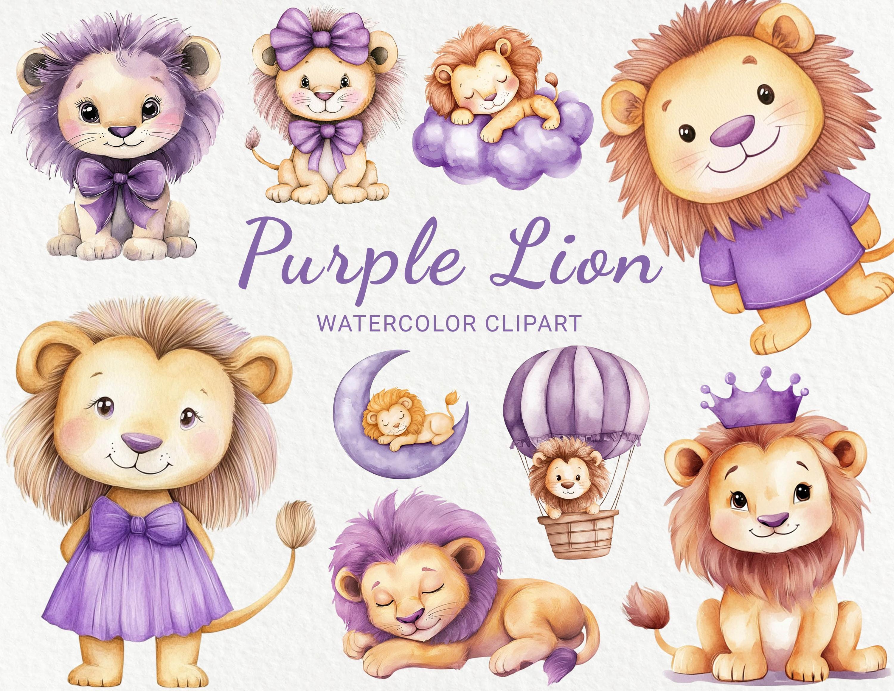 Purple Lion Nursery Watercolor Clipart - 24 PNG Safari Animals Decor in ...