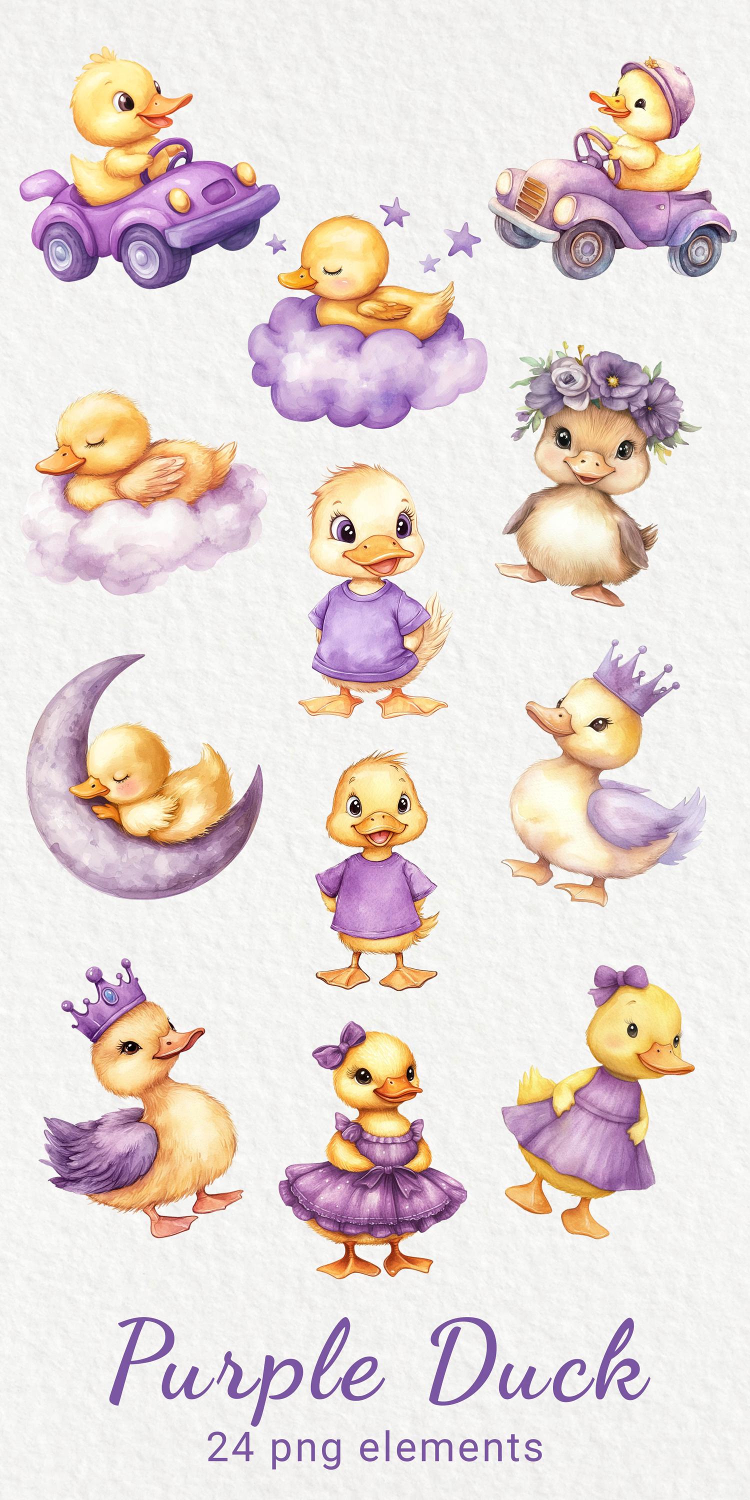 Purple Duck Nursery Watercolor Clipart - 24 PNG Duck in Lilac ...