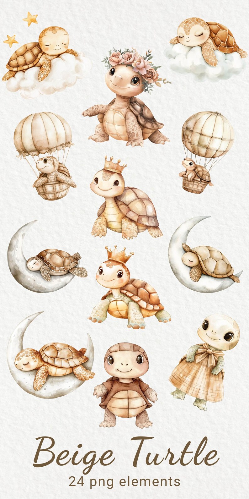 Turtle Nursery Watercolor Clipart - 24 PNG Cute Turtle in Beige & Brown ...