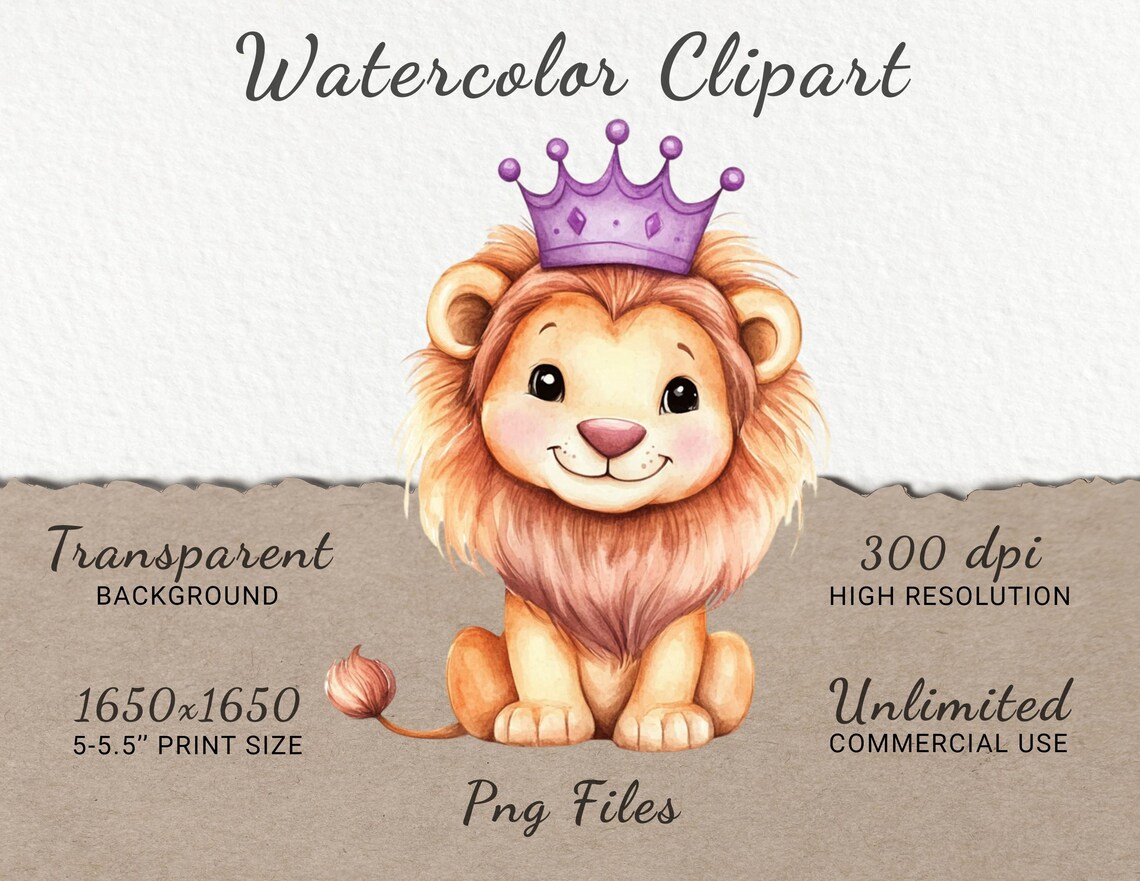 Purple Lion Nursery Watercolor Clipart - 24 PNG Safari Animals Decor in ...