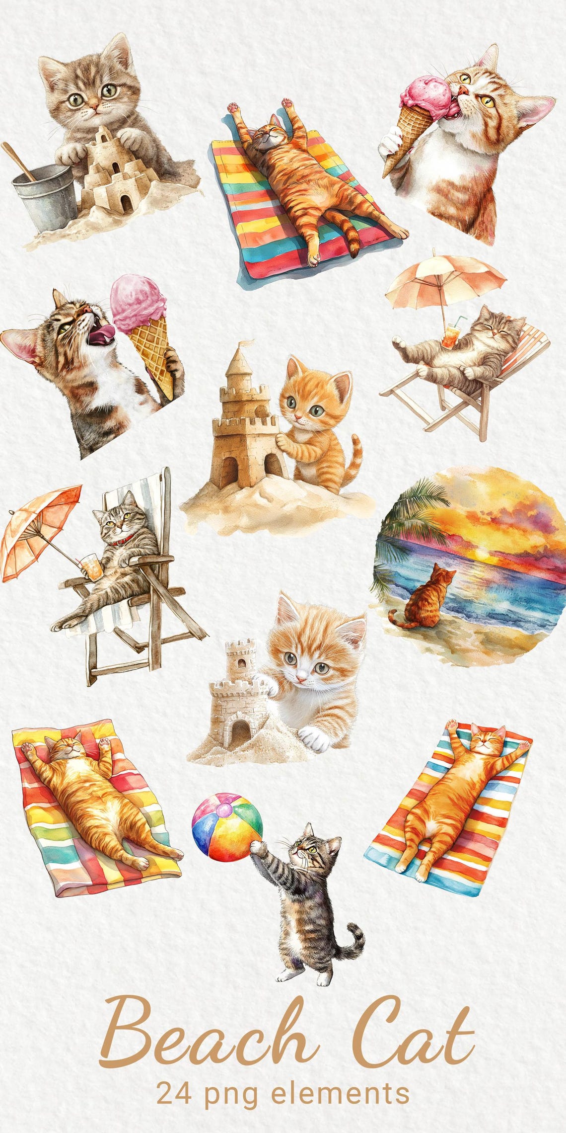 Cat on the Beach Watercolor Clipart - 24 PNG Cute Summer Cat, Room ...