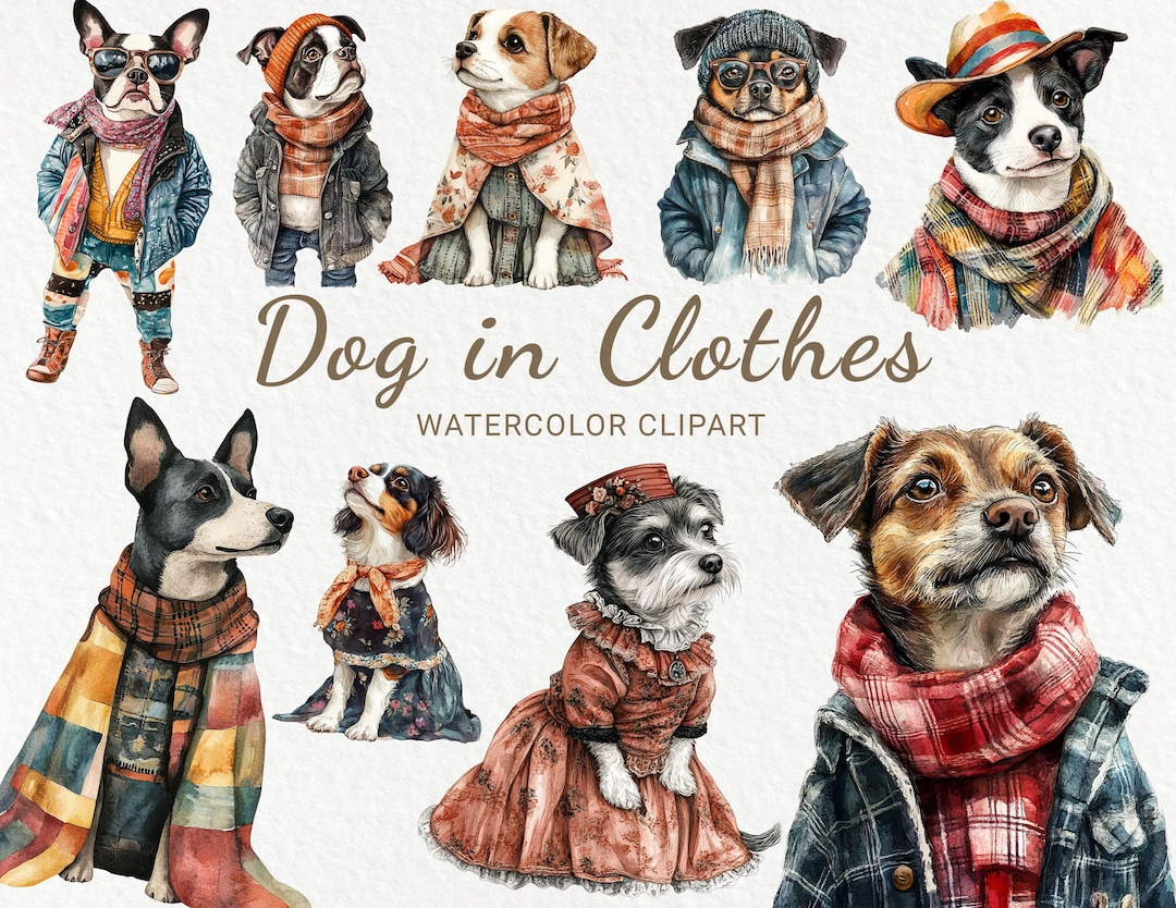 Dog in Clothes Clipart - 24 PNG Watercolor Puppy in Dress and Costume ...