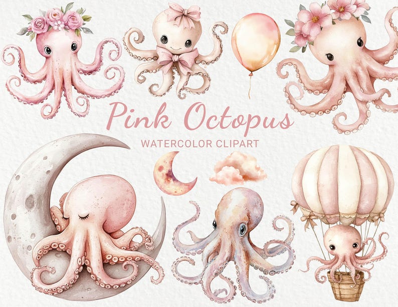 Pink Octopus Nursery Watercolor Clipart - 24 PNG Cute Marine Decor Clip ...