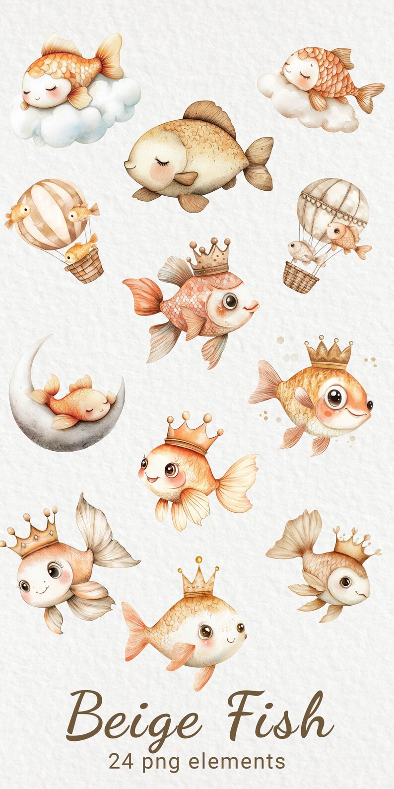 Fish Nursery Watercolor Clipart - 24 PNG Cute Fish Clip Art in Beige ...