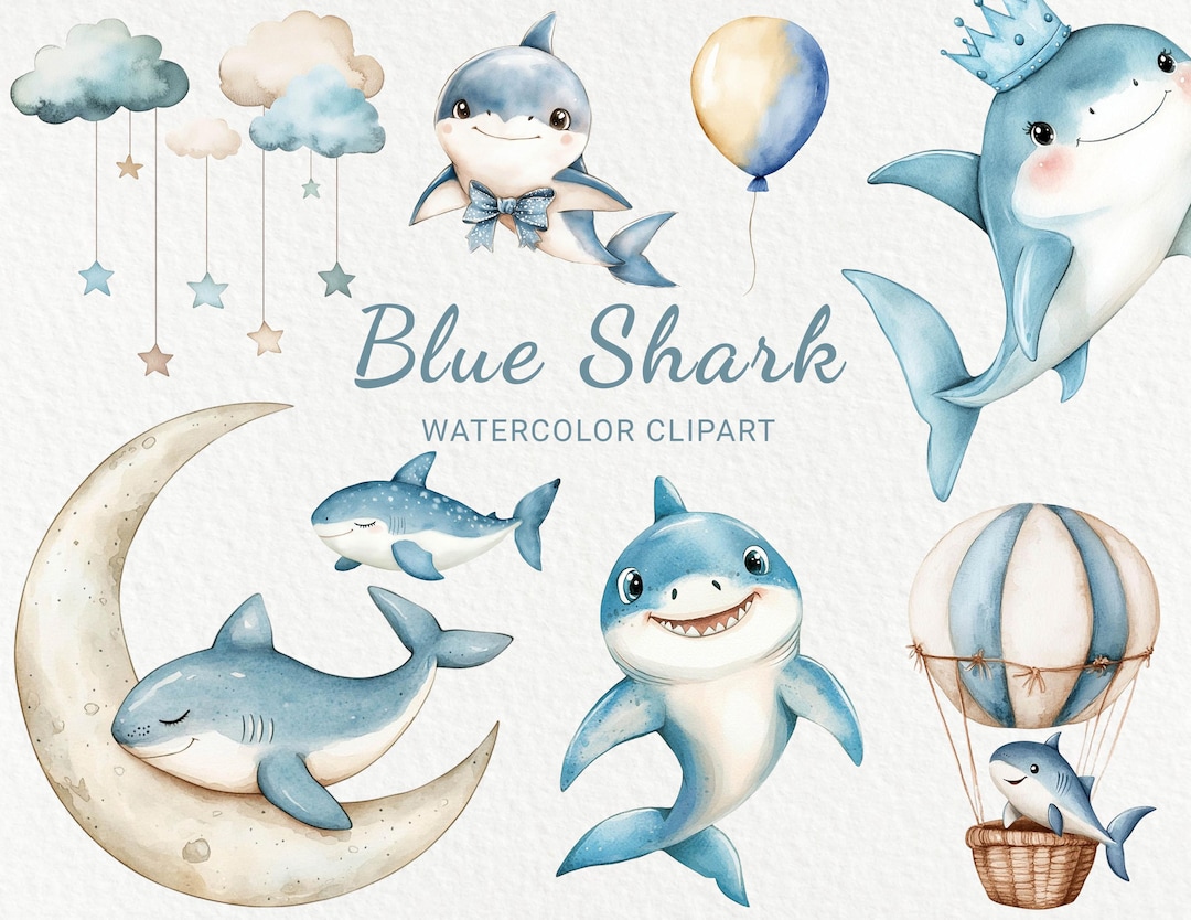 Blue Shark Clipart - 24 PNG Watercolor Baby Shark Clip Art, Sea ...