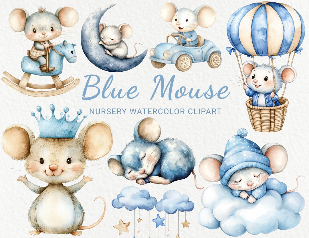 Blue Mouse Watercolor Clipart – Nursery Fairy Animals (digital Download ...