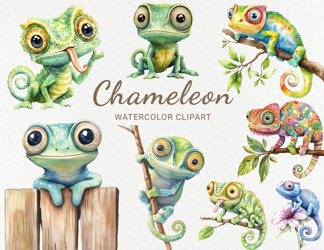 Chameleon Nursery Watercolor Clipart - 24 PNG Cute Lizard, Animals ...