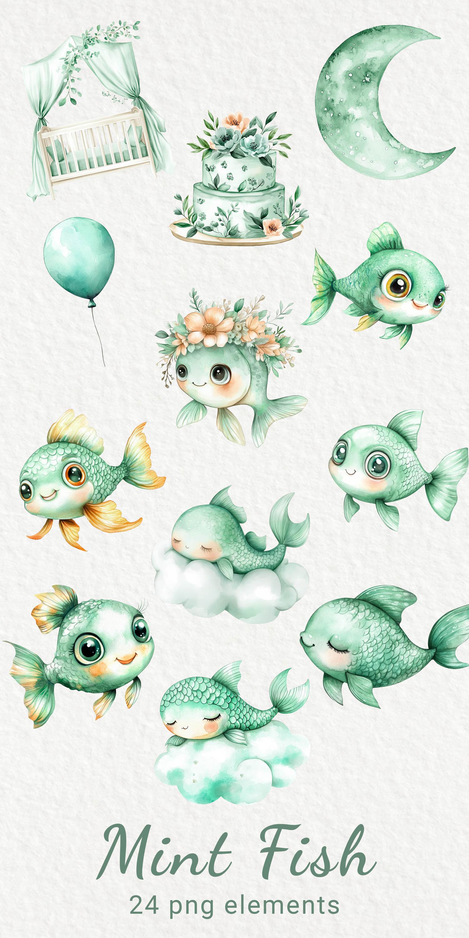 Mint Fish Nursery Watercolor Clipart - 24 PNG Cute Green Fish Clip Art ...