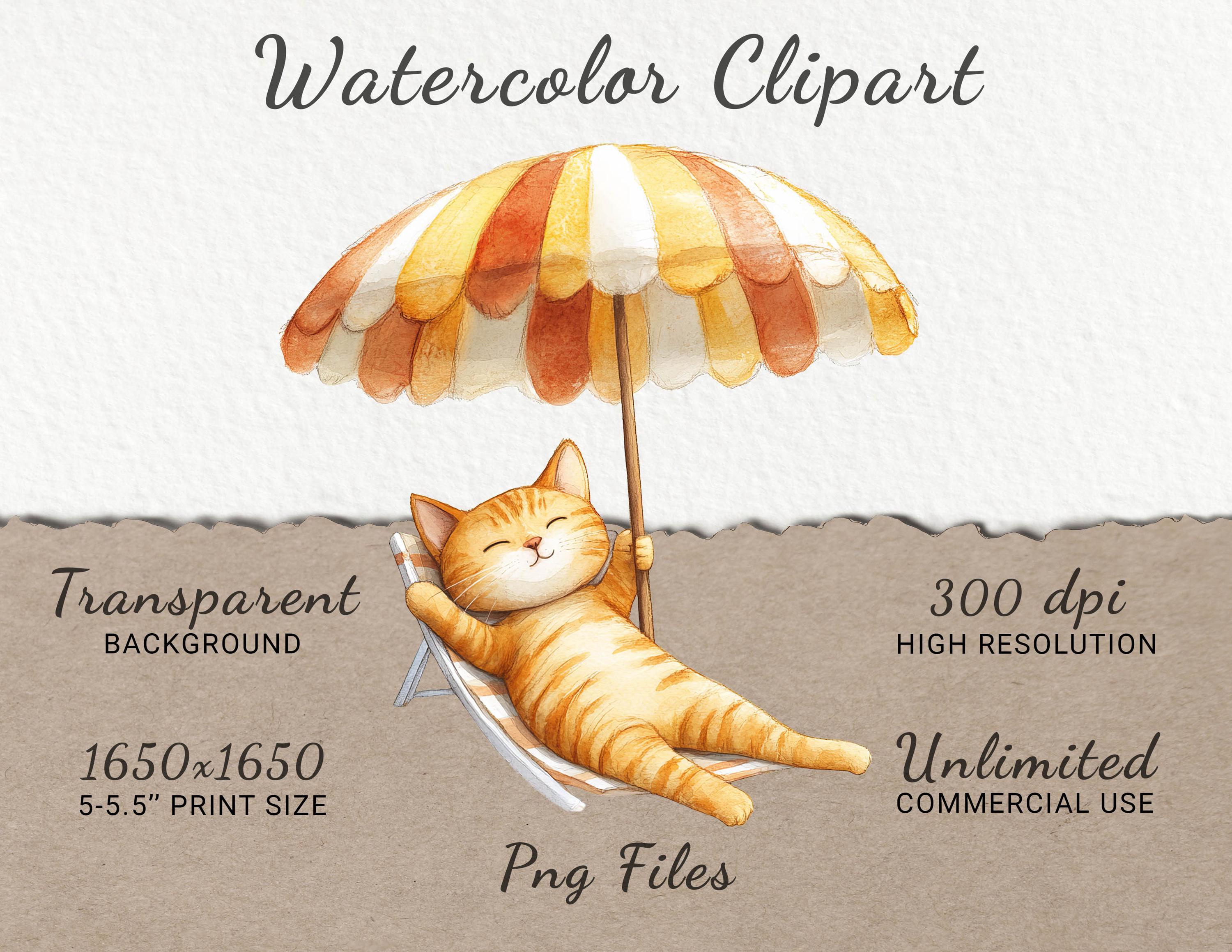 Cat on the Beach Watercolor Clipart - 24 PNG Cute Summer Cat, Room ...
