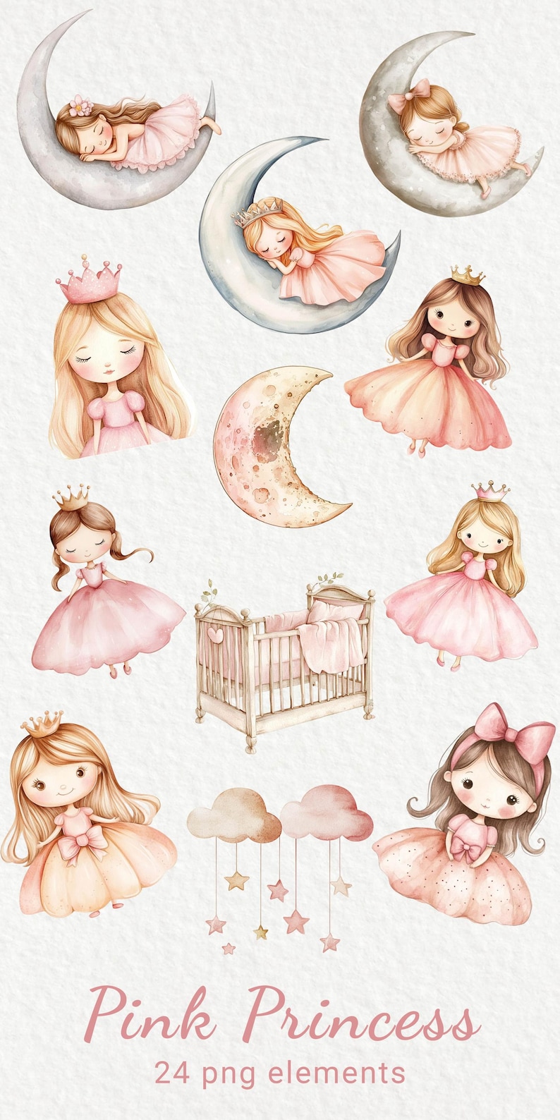 Pink Princess Watercolor Clipart - 24 PNG Little Queen Room Decor ...