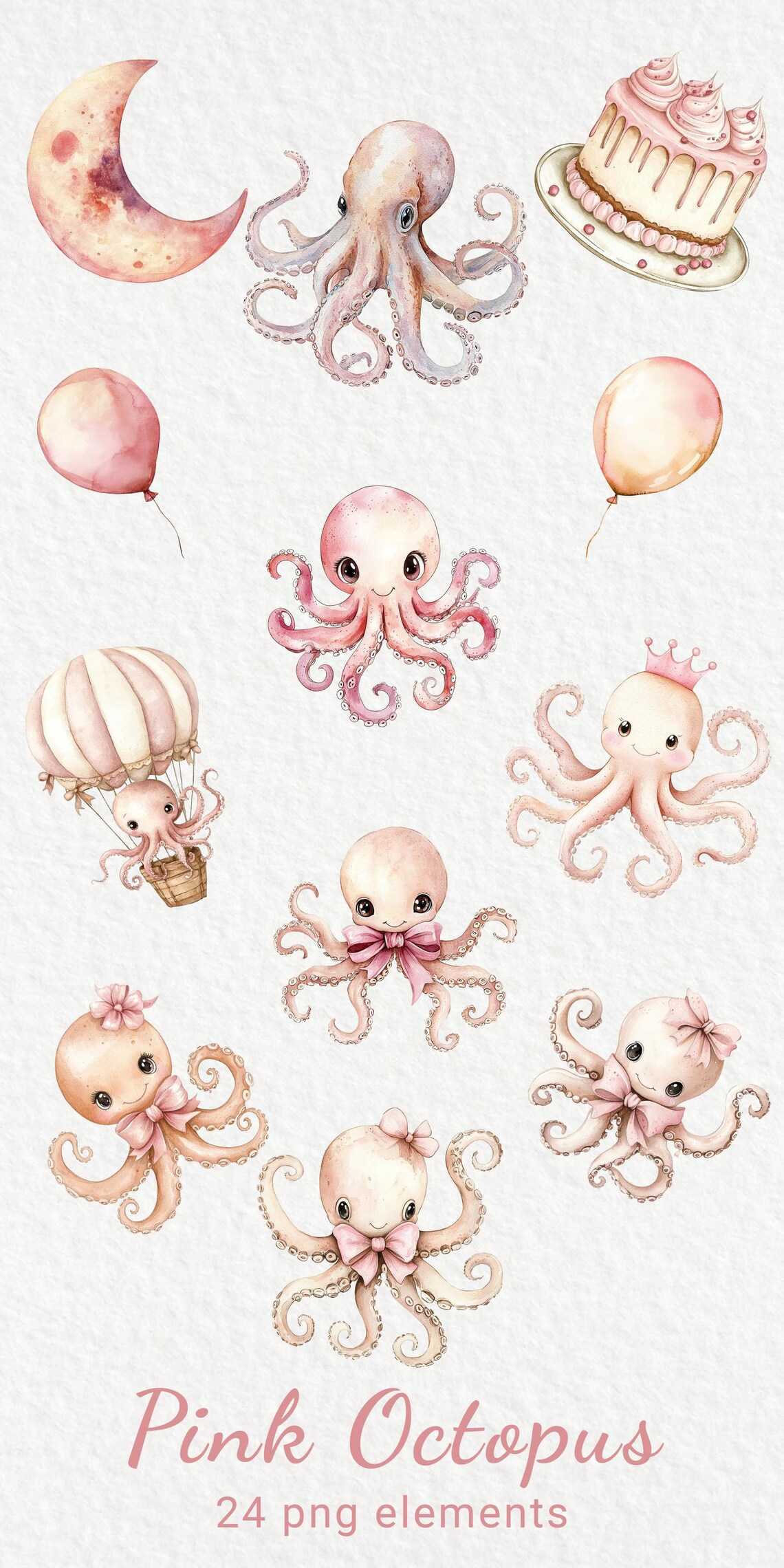 Pink Octopus Nursery Watercolor Clipart - 24 PNG Cute Marine Decor Clip ...