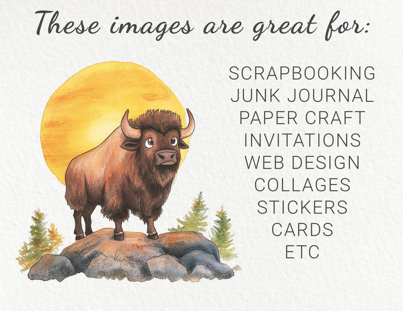 Bison Clipart - 24 PNG Watercolor Baby Bison Clip Art, Funny Animals ...