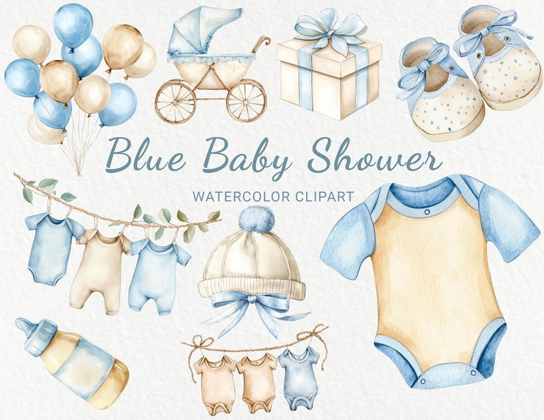 Blue Baby Shower Watercolor Clipart - 24 PNG Cute Baby Room Decor, Baby ...