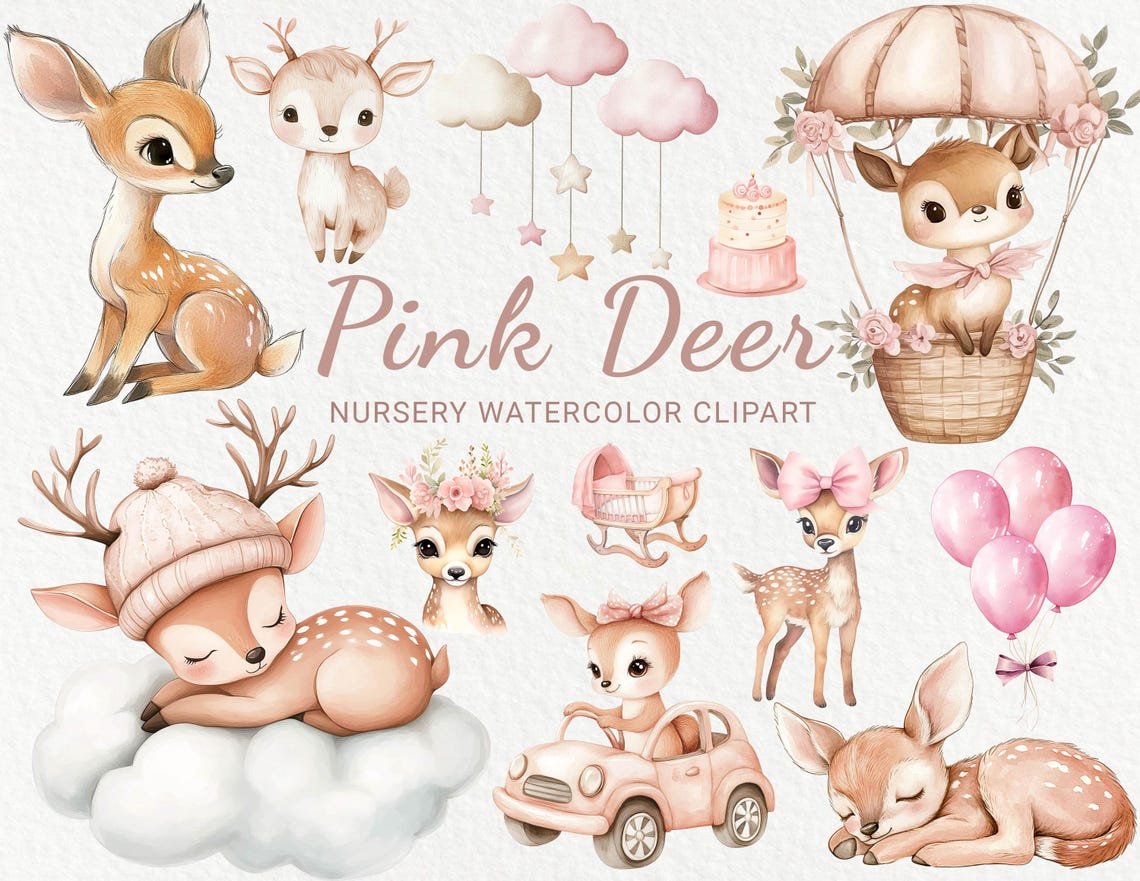 Pink Deer Nursery Watercolor Clipart - 24 PNG Cute Woodland Animals ...