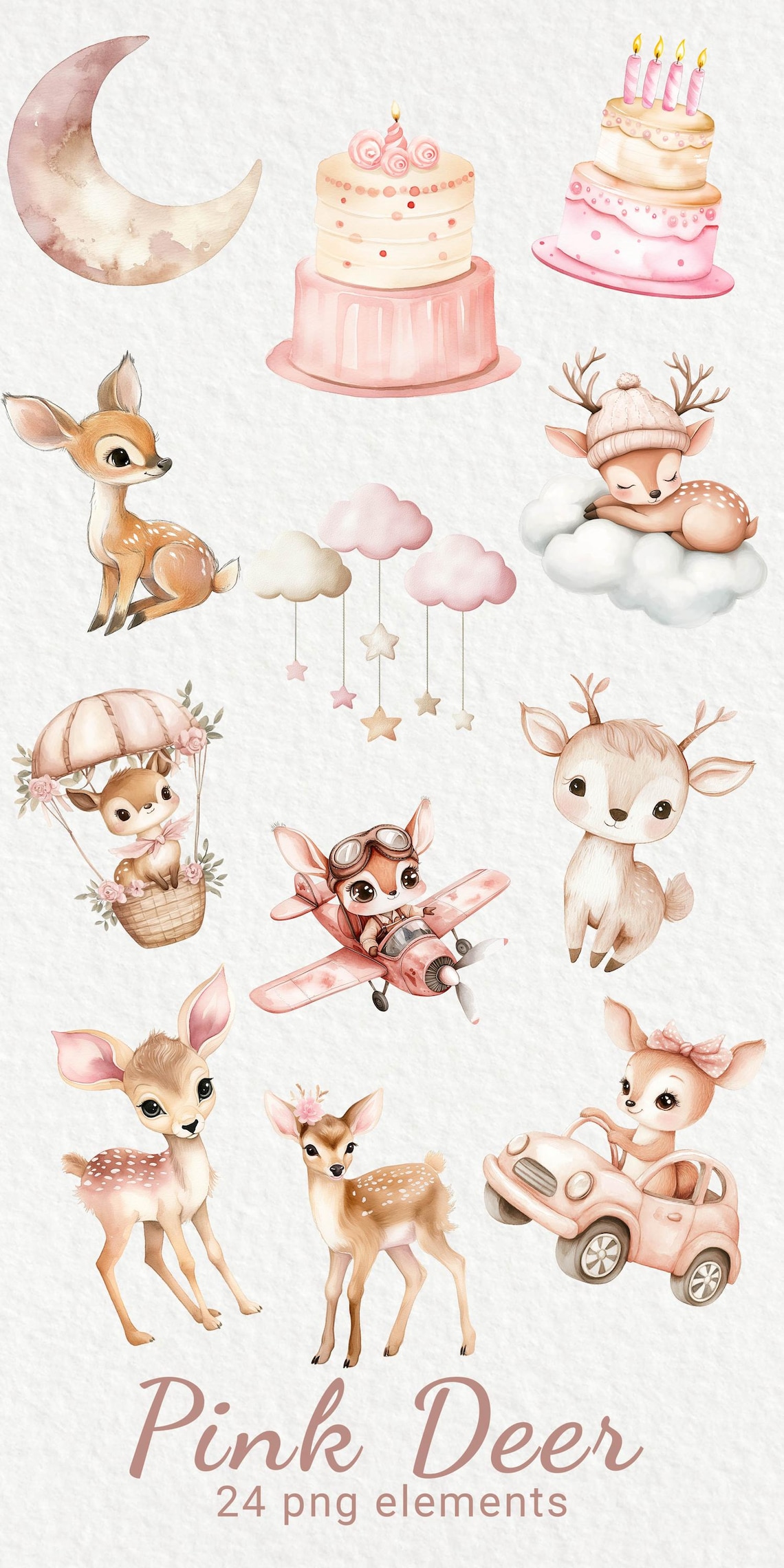 Pink Deer Nursery Watercolor Clipart - 24 PNG Cute Woodland Animals ...