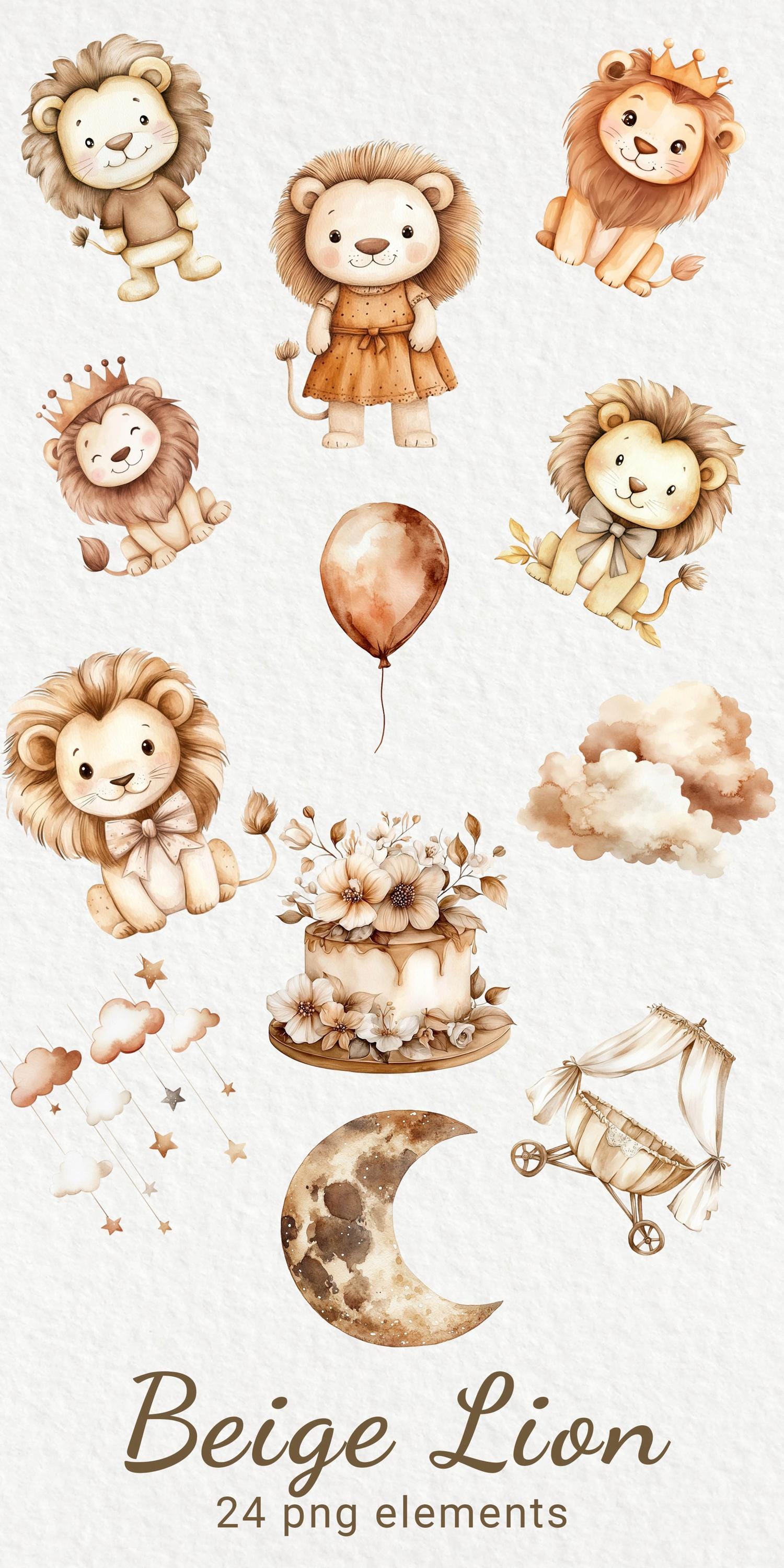 Lion Nursery Watercolor Clipart - 24 PNG Safari Animals Decor in Beige ...